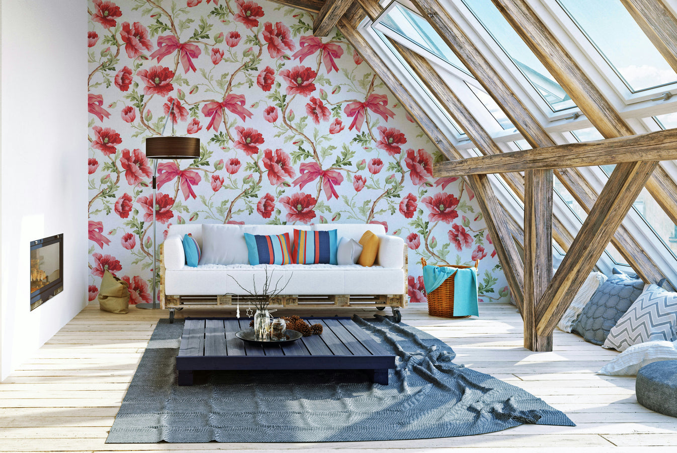 Romantic Preppy Poppy Wallpaper – Floral Bows Wall Mural