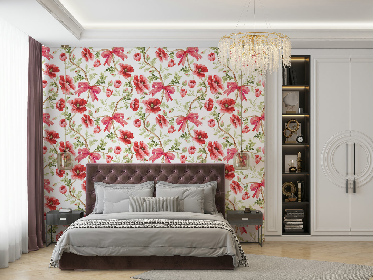 Romantic Preppy Poppy Wallpaper – Floral Bows Wall Mural