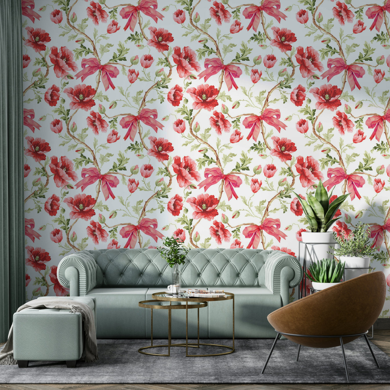 Romantic Preppy Poppy Wallpaper – Floral Bows Wall Mural