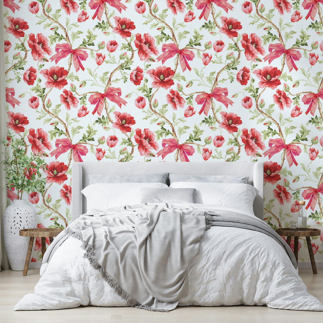 Romantic Preppy Poppy Wallpaper – Floral Bows Wall Mural