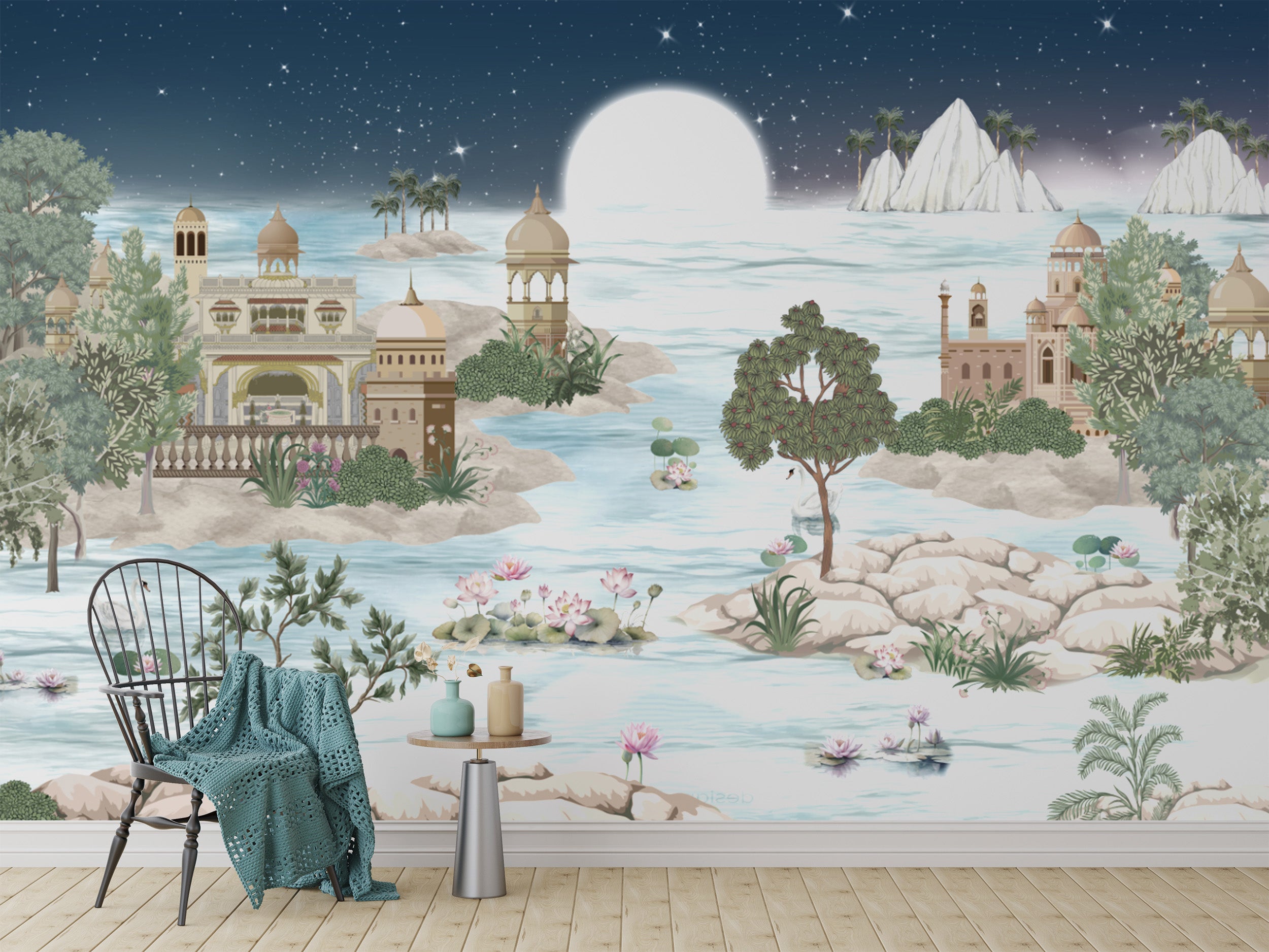 Royal Mughal Night Scenery Mural – Moonlit Palace Wallpaper