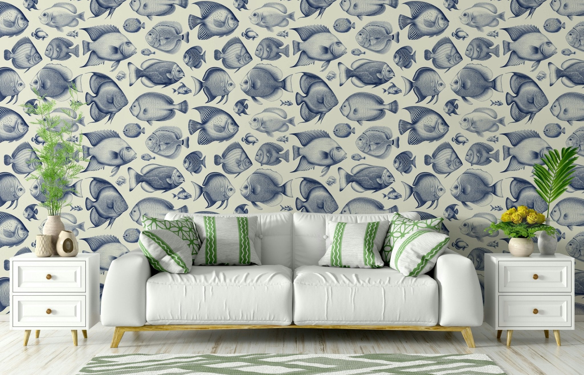 Uncanny Fish Delft Blue Wallpaper - Tropical Undersea Pattern
