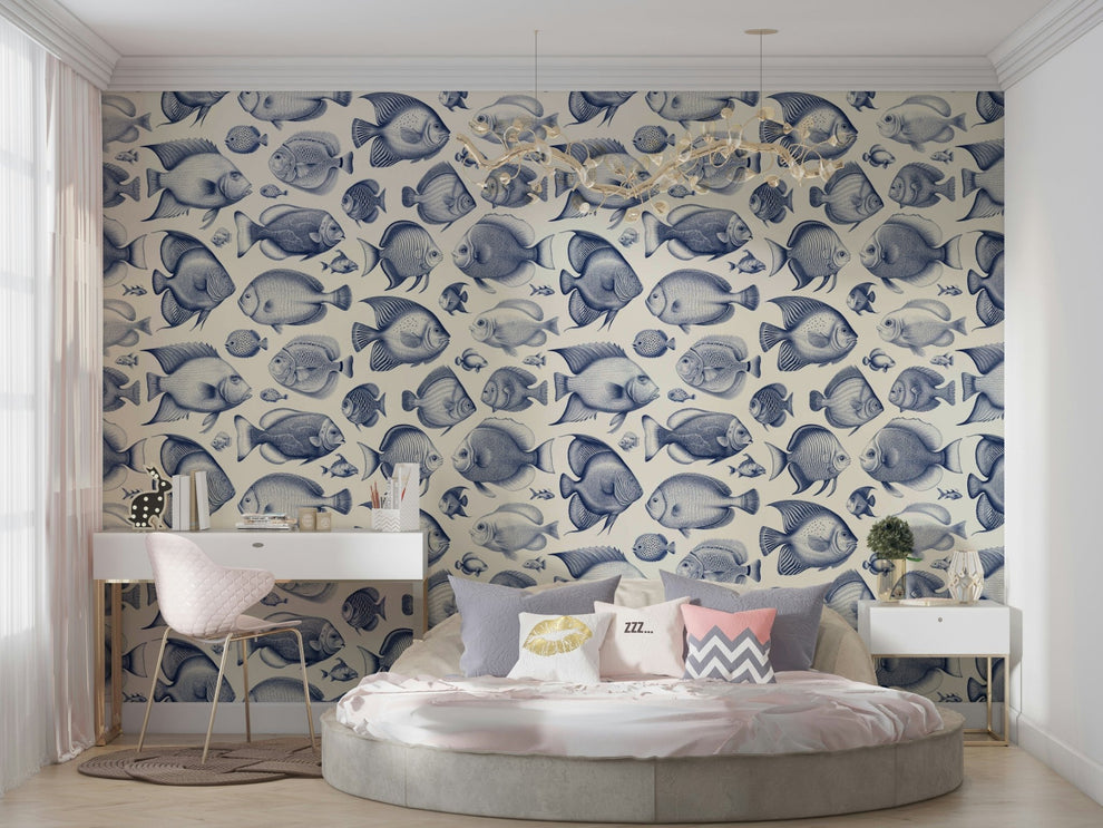 Uncanny Fish Delft Blue Wallpaper - Tropical Undersea Pattern