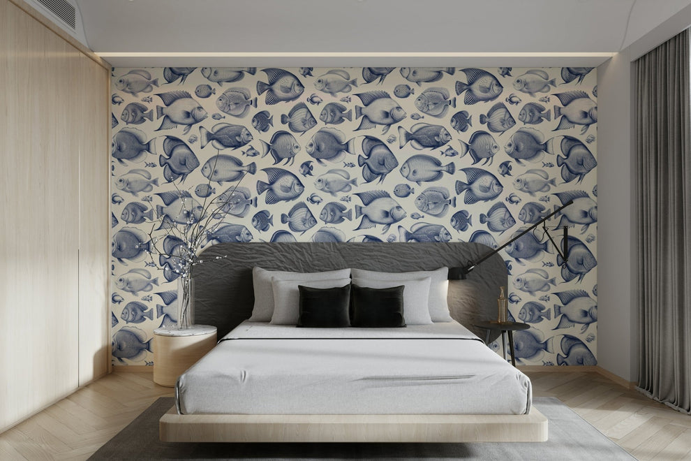 Uncanny Fish Delft Blue Wallpaper - Tropical Undersea Pattern