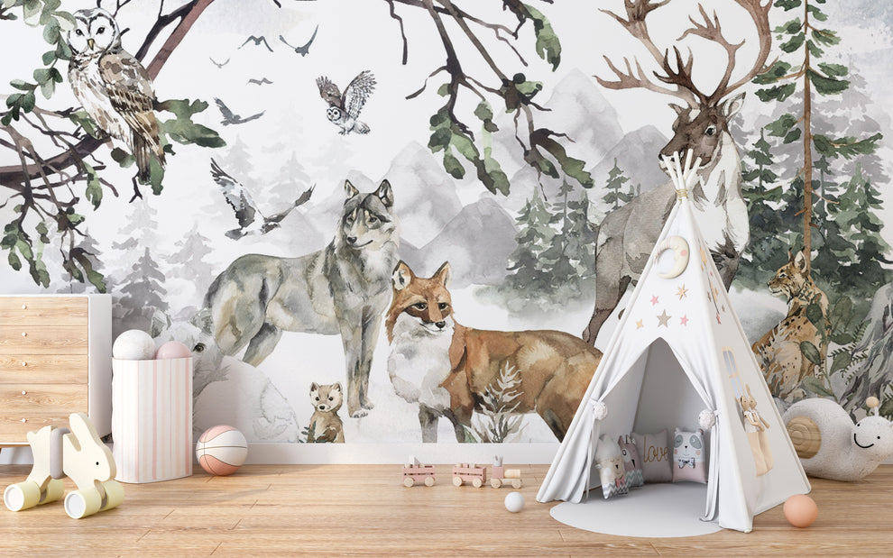 Serene Forest Friends Watercolor Wall Mural | Giffywalls