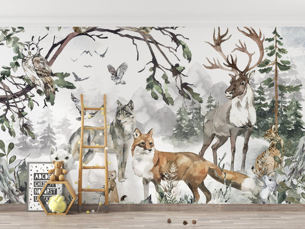 Serene Forest Friends Watercolor Wall Mural | Giffywalls