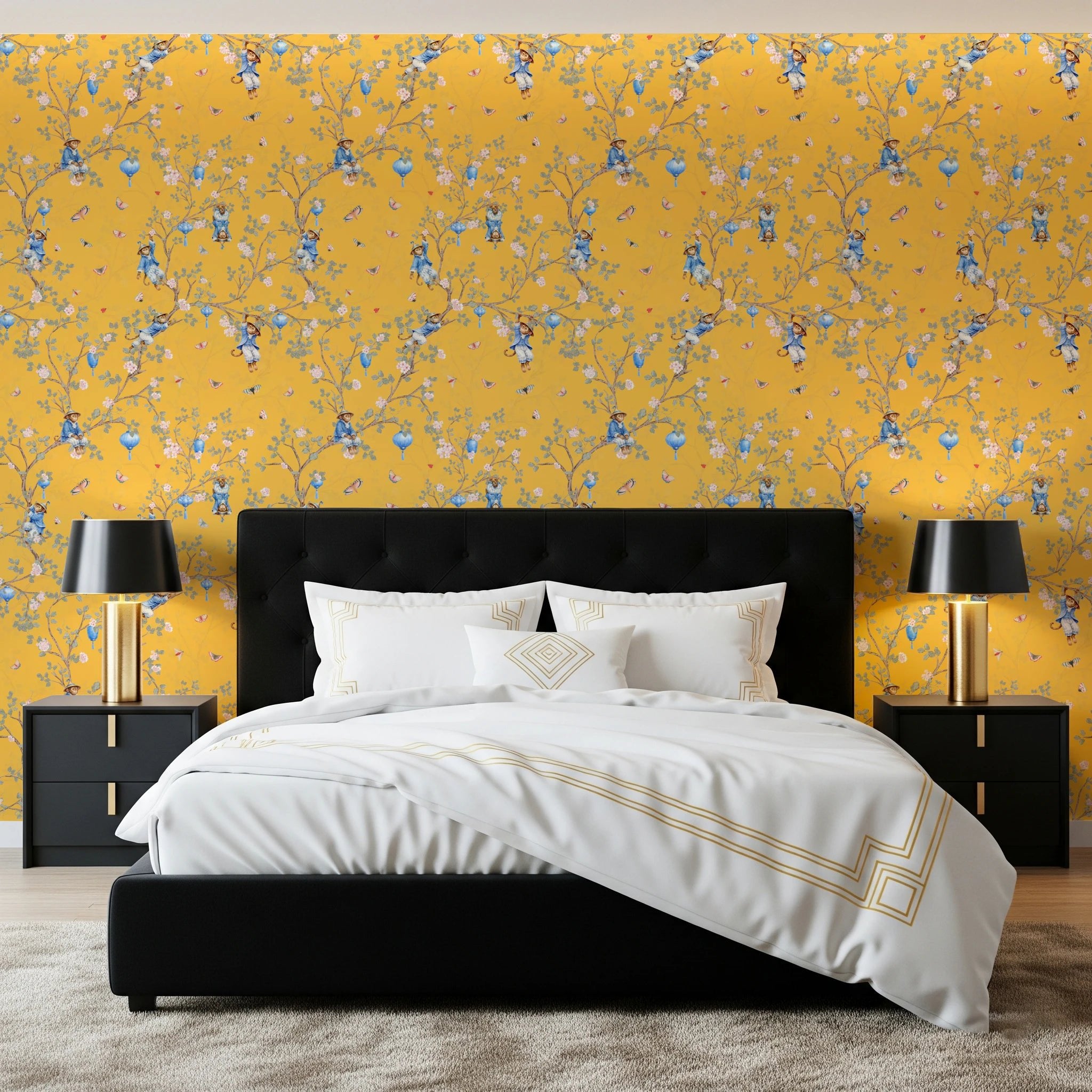Vintage Rococo Chinoiserie Monkey Sakura yellow Wallpaper