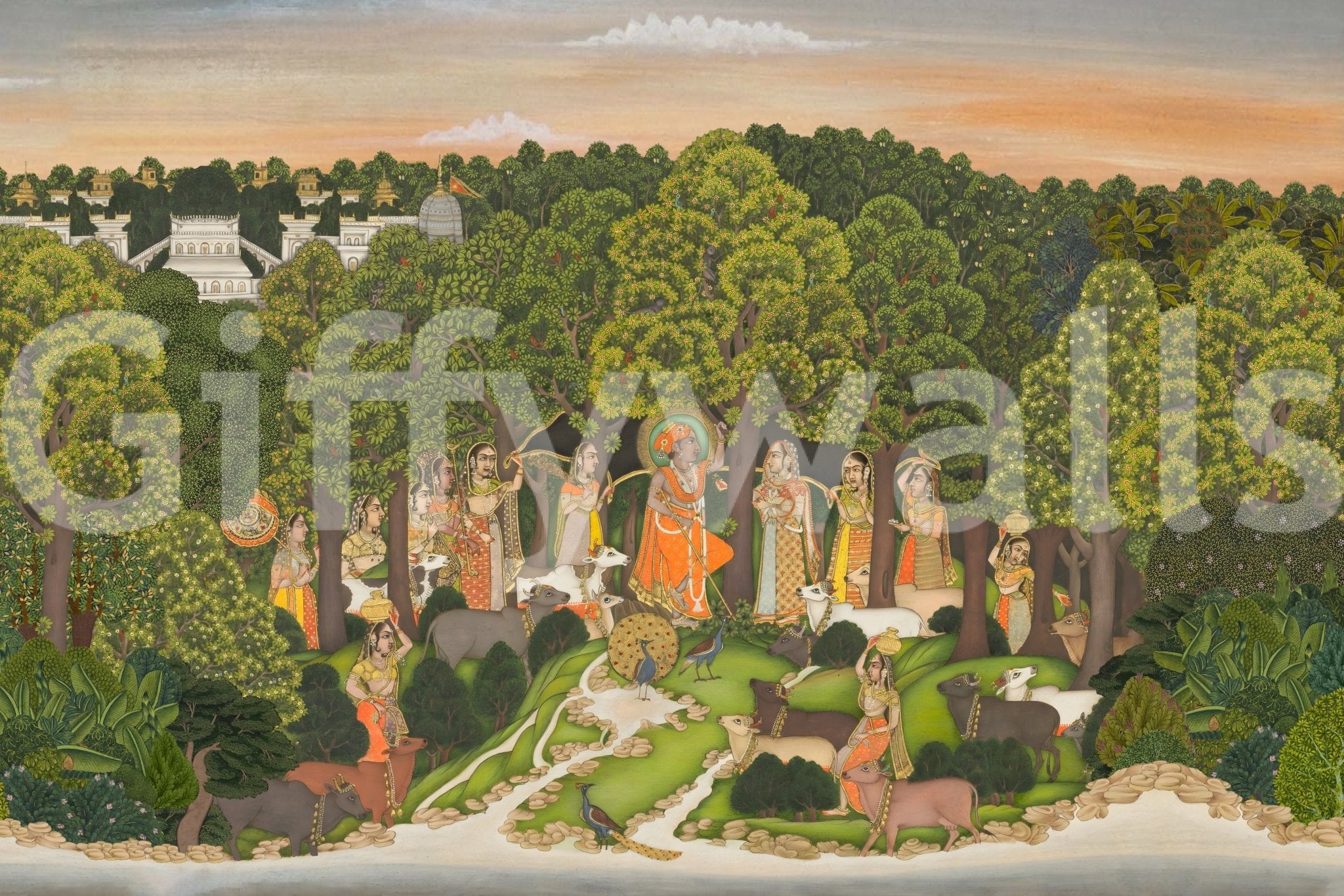 Vrindavan Forest Gathering Wall Mural - Krishna Scene
