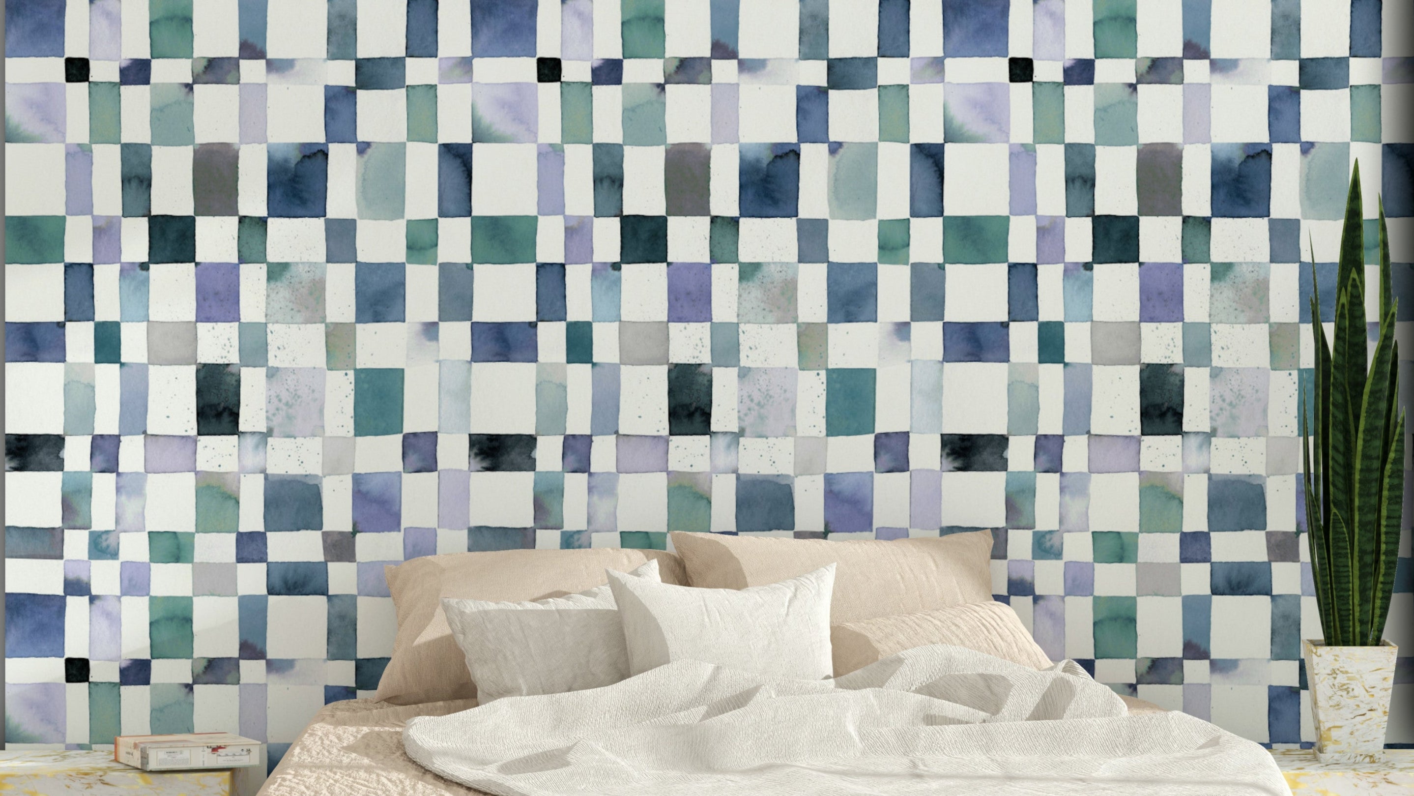 Watercolor Checker Geometric Blue Wallpaper – Soft Grid Wall Mural