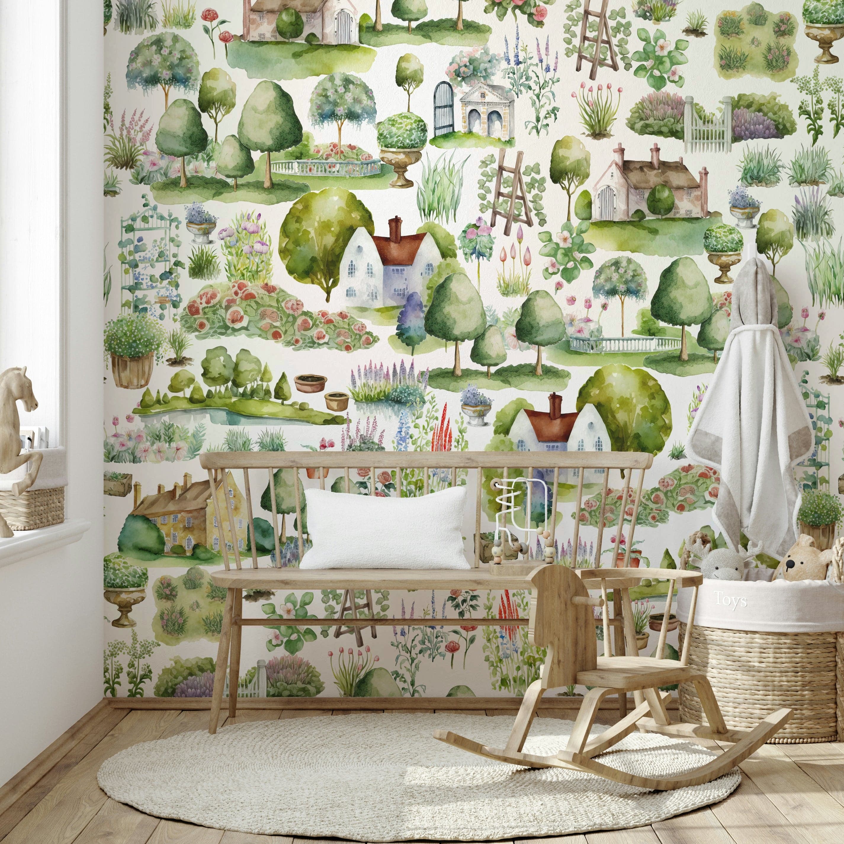 Watercolor Cottage Village Mural | British Countryside Wallpaper
