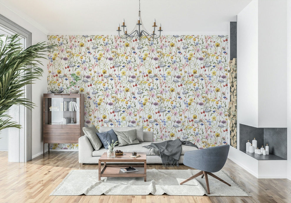 Watercolor Wildflower Whimsy Meadow Wallpaper | Wall Art