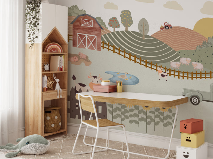 Whimsical Farm Animals Wall Mural – Playful Countryside Charm