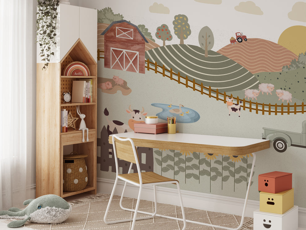 Whimsical Farm Animals Wall Mural – Playful Countryside Charm