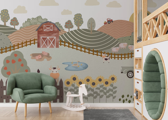 Whimsical Farm Animals Wall Mural – Playful Countryside Charm