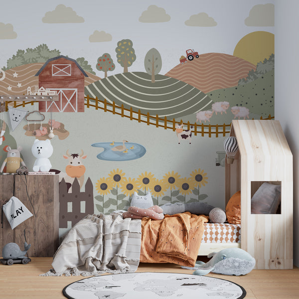 Whimsical Farm Animals Wall Mural – Playful Countryside Charm