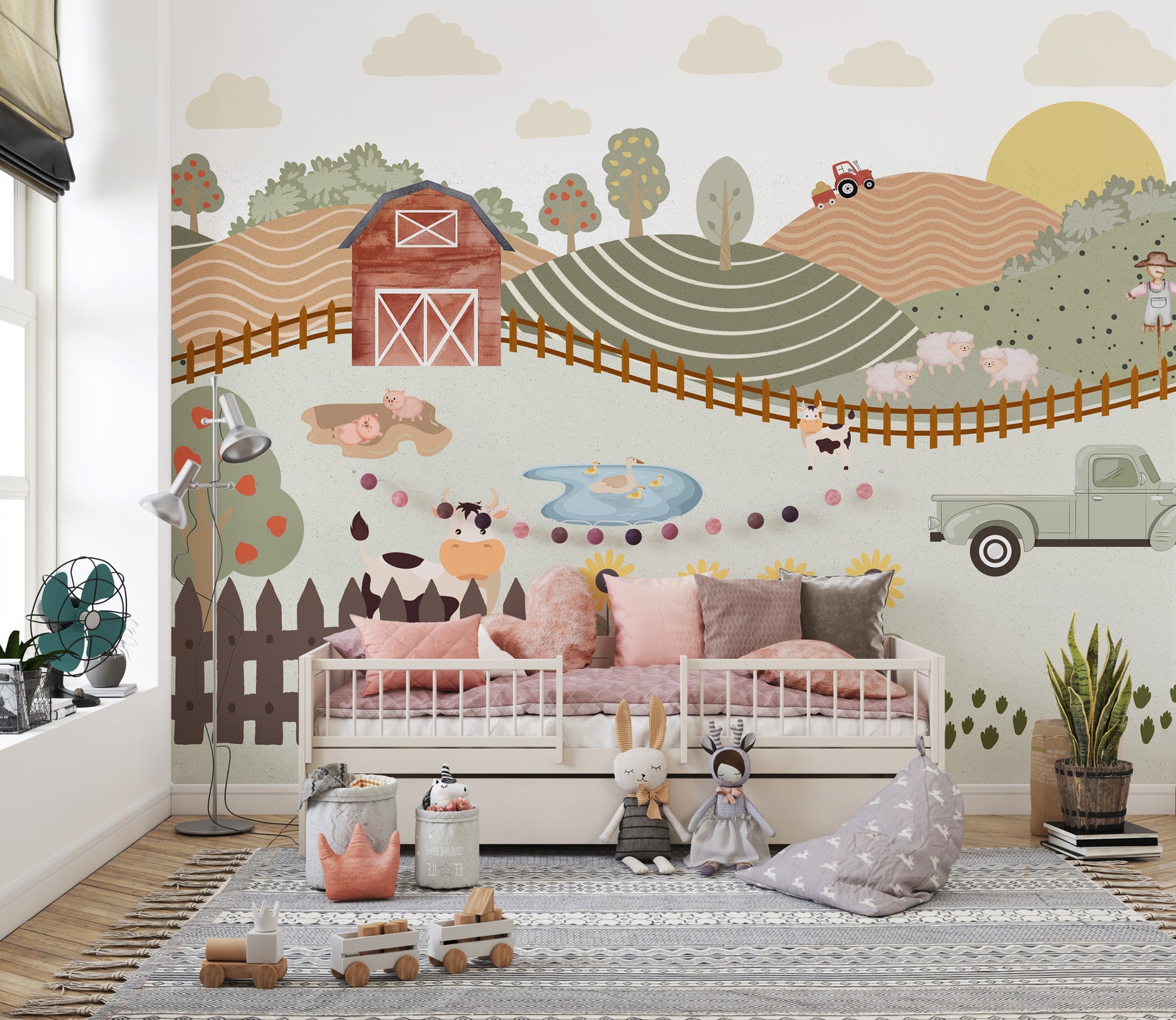 Whimsical Farm Animals Wall Mural – Playful Countryside Charm