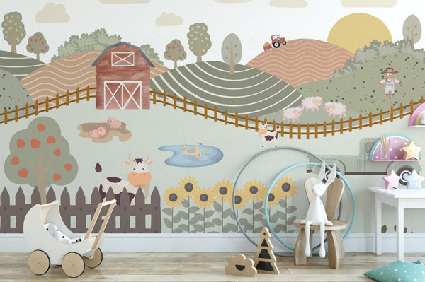 Whimsical Farm Animals Wall Mural – Playful Countryside Charm