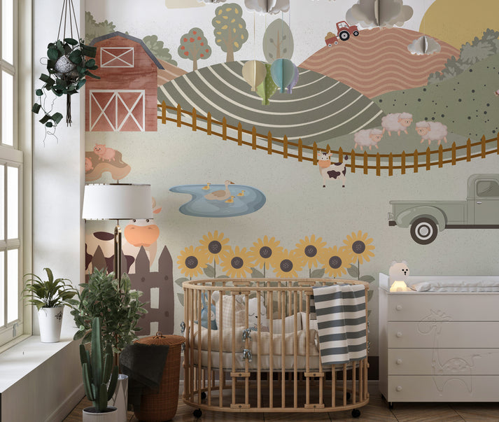 Whimsical Farm Animals Wall Mural – Playful Countryside Charm