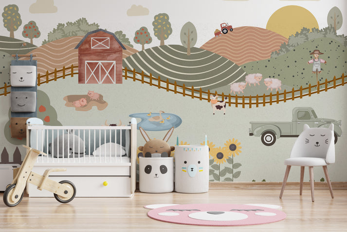 Whimsical Farm Animals Wall Mural – Playful Countryside Charm