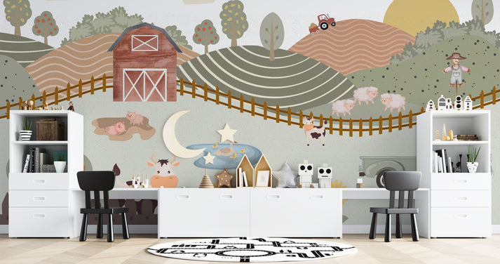 Whimsical Farm Animals Wall Mural – Playful Countryside Charm