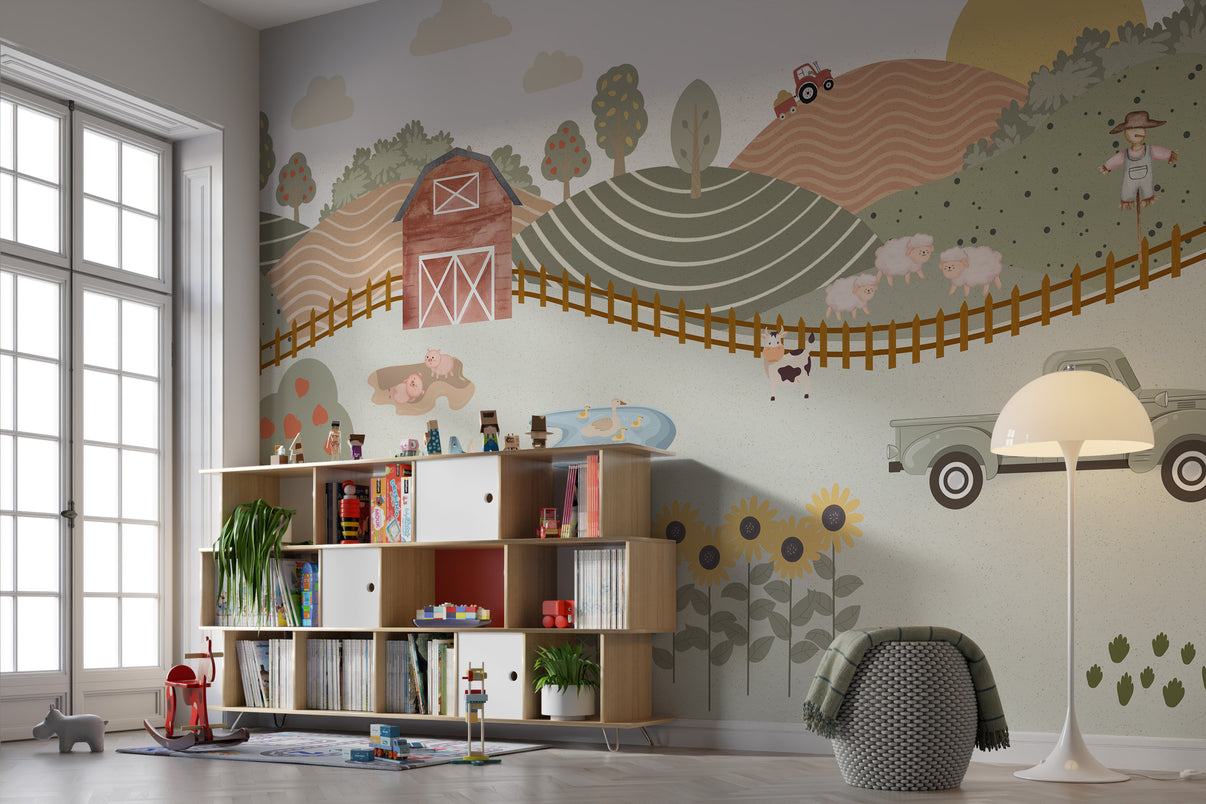 Whimsical Farm Animals Wall Mural – Playful Countryside Charm