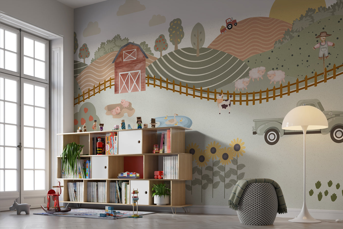 Whimsical Farm Animals Wall Mural – Playful Countryside Charm