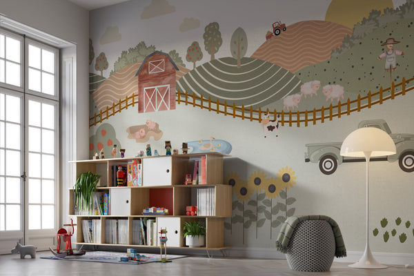 Whimsical Farm Animals Wall Mural – Playful Countryside Charm