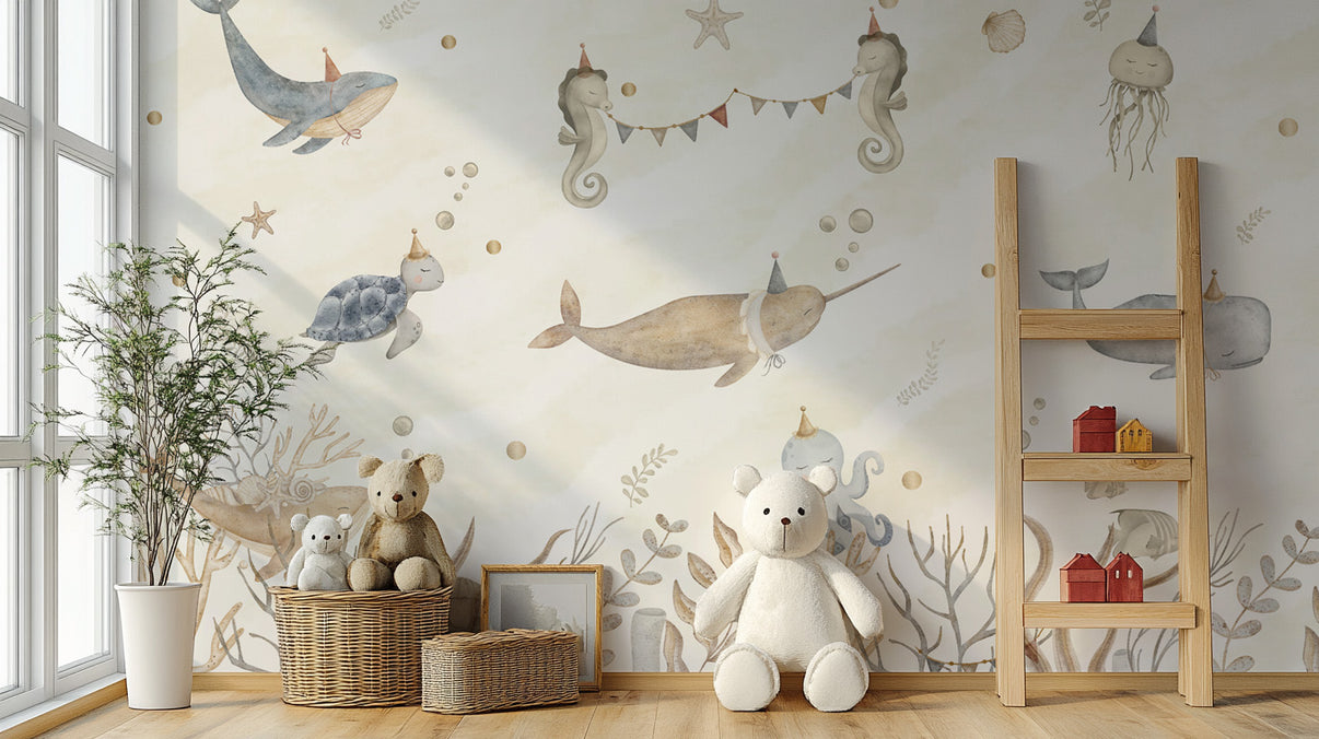 Whimsical Underwater Party Wallpaper Mural – Ocean Theme Decor