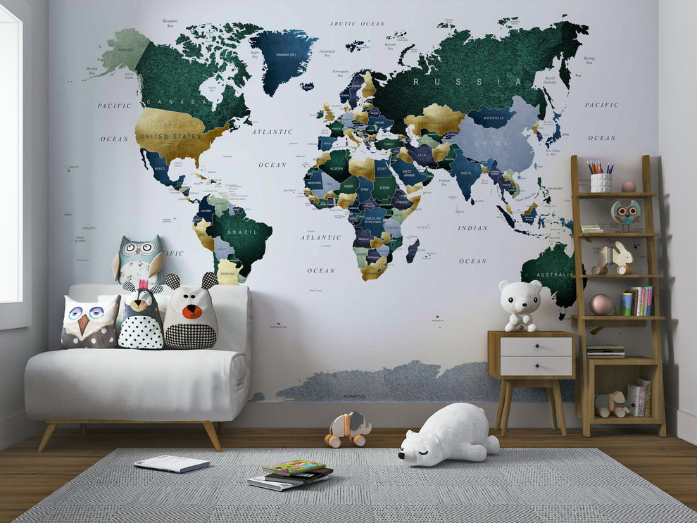 World Map Green Blue Wall Mural for Stylish Spaces