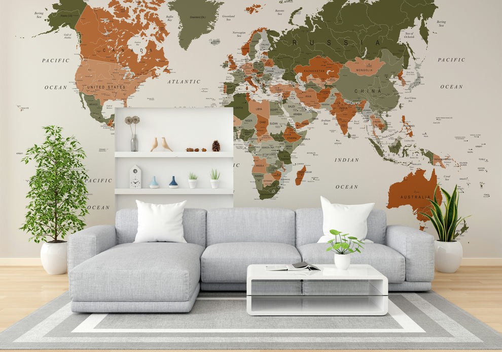 World Map Olive Green Wall Mural for Stylish Spaces