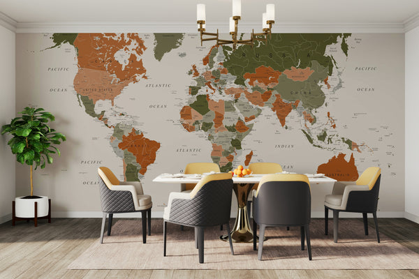 World Map Olive Green Wall Mural for Stylish Spaces