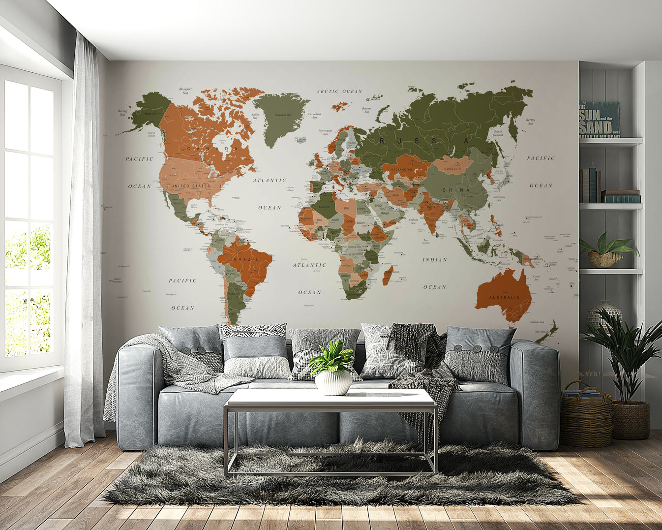 World Map Olive Green Wall Mural for Stylish Spaces