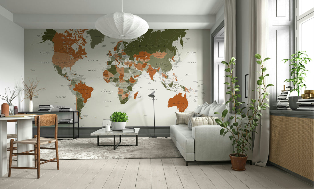 World Map Olive Green Wall Mural for Stylish Spaces