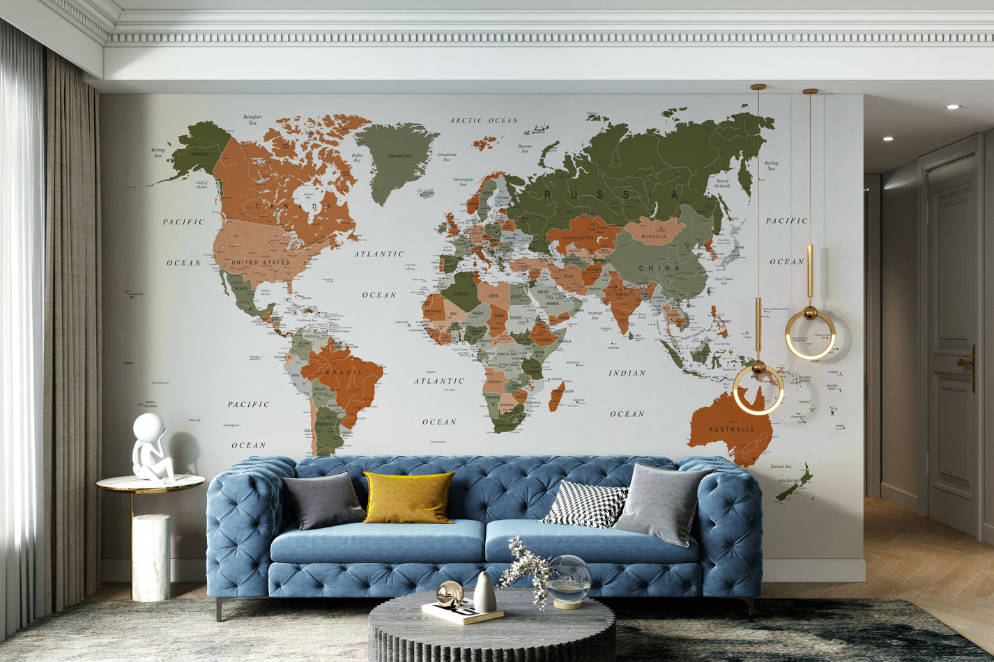 World Map Olive Green Wall Mural for Stylish Spaces