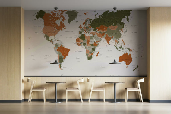 World Map Olive Green Wall Mural for Stylish Spaces