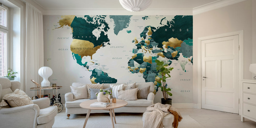 World Map Teal Gold Wall Mural for Elegant Interiors
